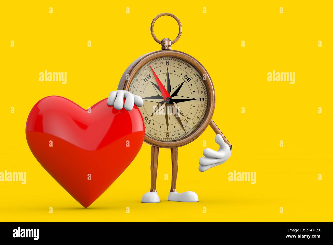 Antique Vintage Brass Compass Cartoon Person Character Mascot with Red ...