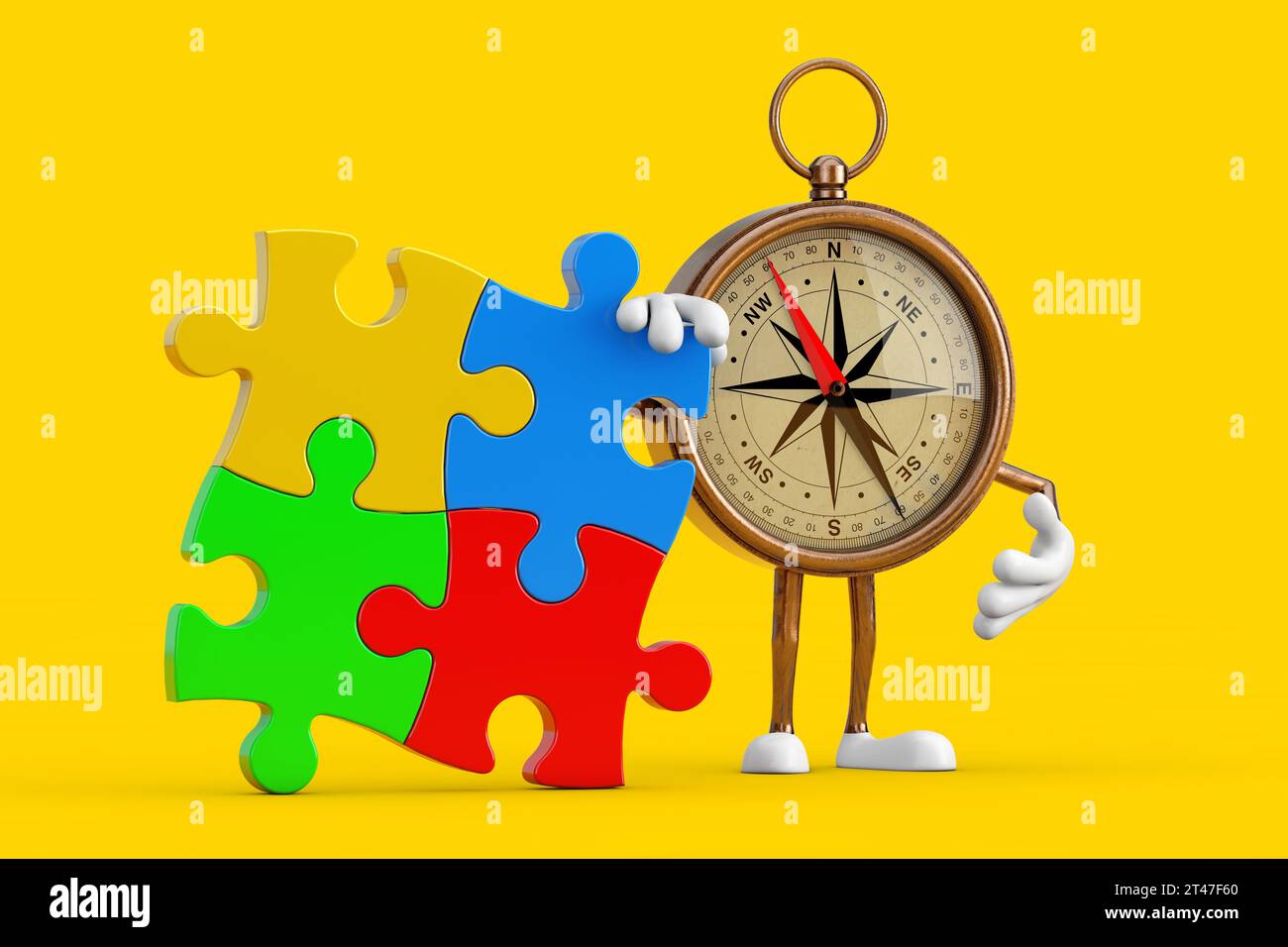 Antique Vintage Brass Compass Cartoon Person Character Mascot with Four ...