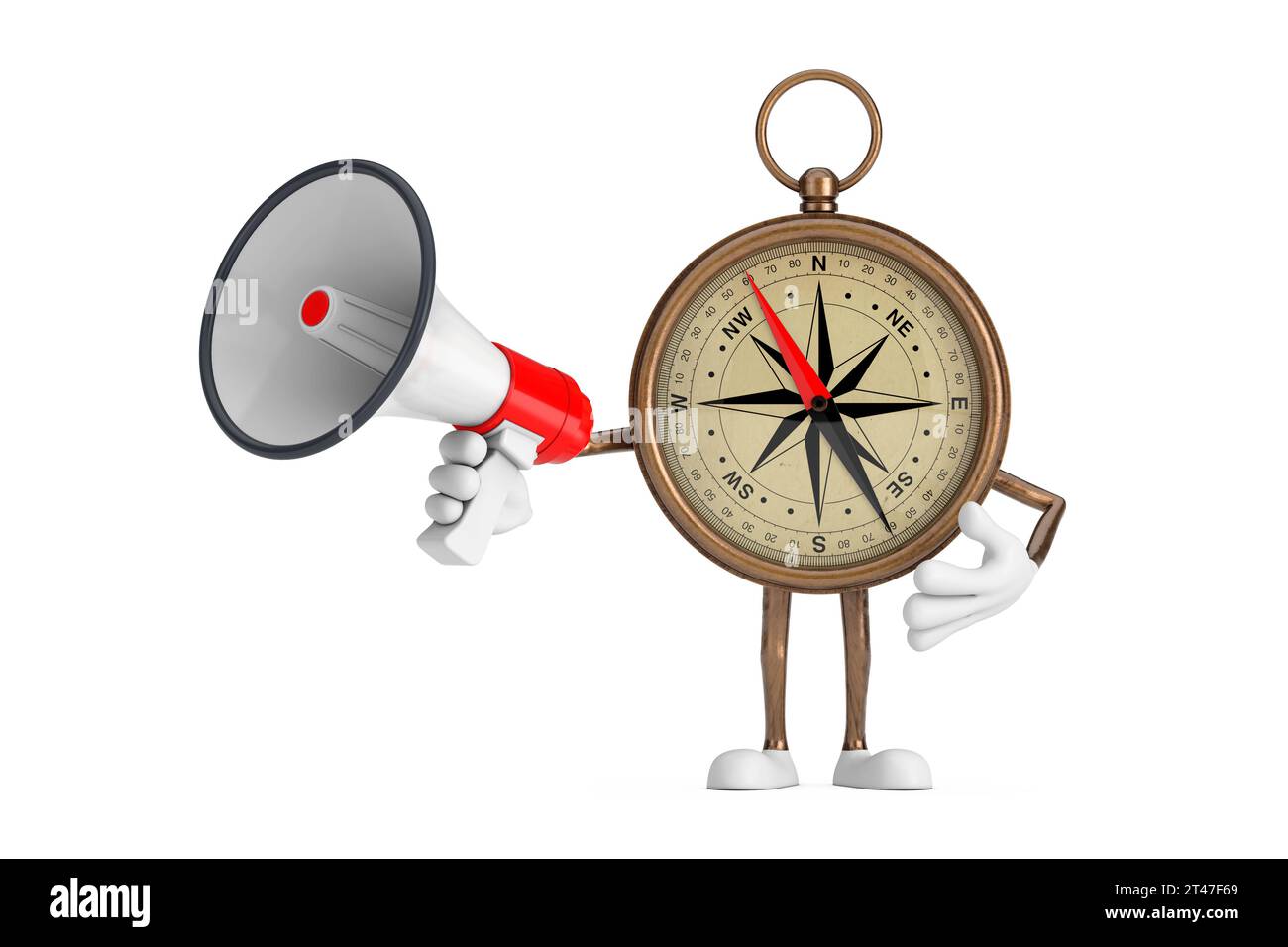 Antique Vintage Brass Compass Cartoon Person Character Mascot with Red ...