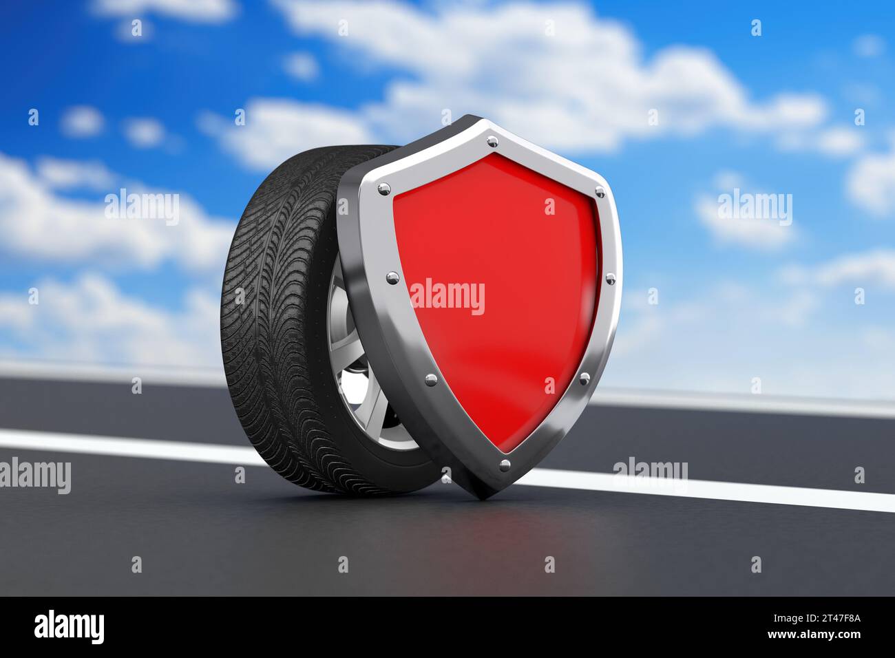 Steel Rim Wheel Tyre with Red Metal Protection Shield on an asphalt ...