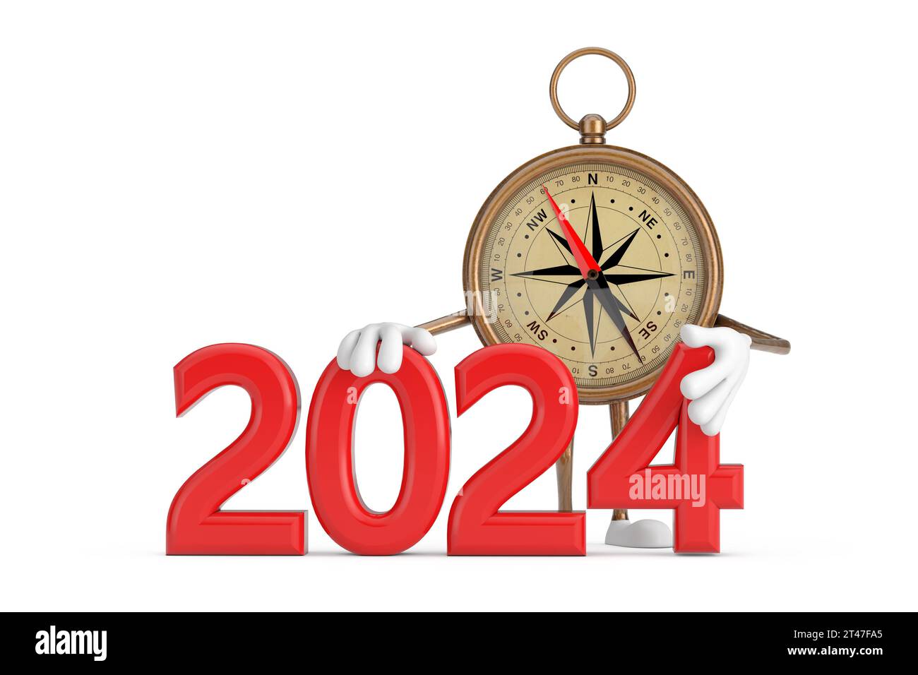 Antique Vintage Brass Compass Cartoon Person Character Mascot with Red 2024 New Year Sign on a ...