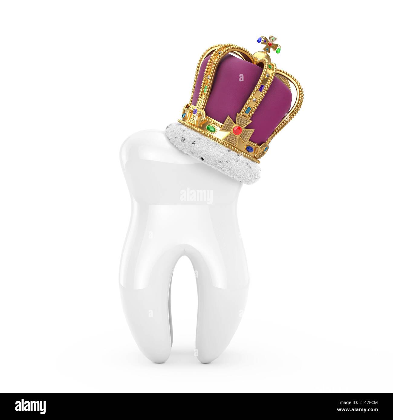 White Tooth and Royal Coronation Golden Crown with Diamonds on a white ...