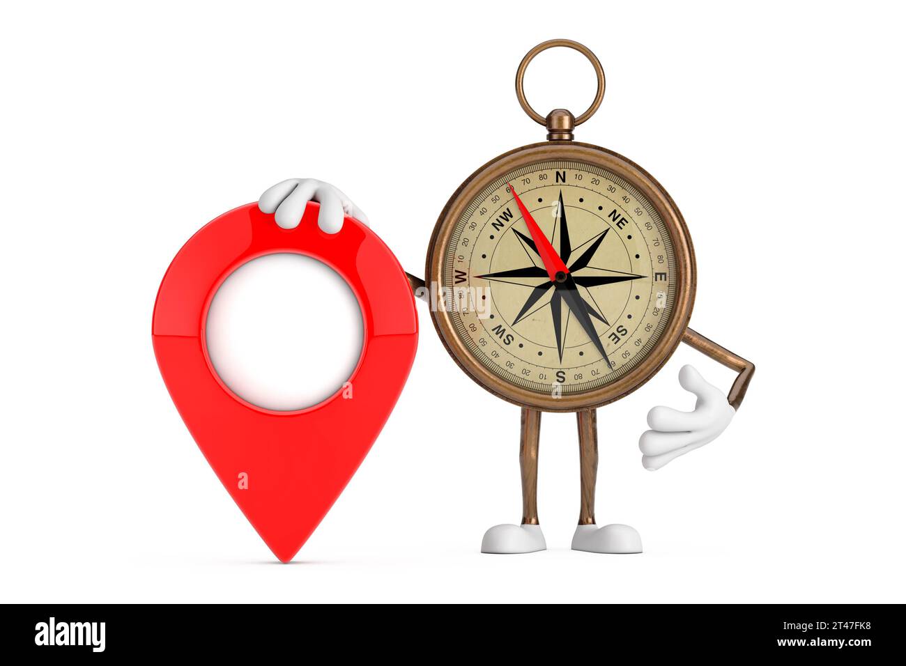 Antique Vintage Brass Compass Cartoon Person Character Mascot with Red ...