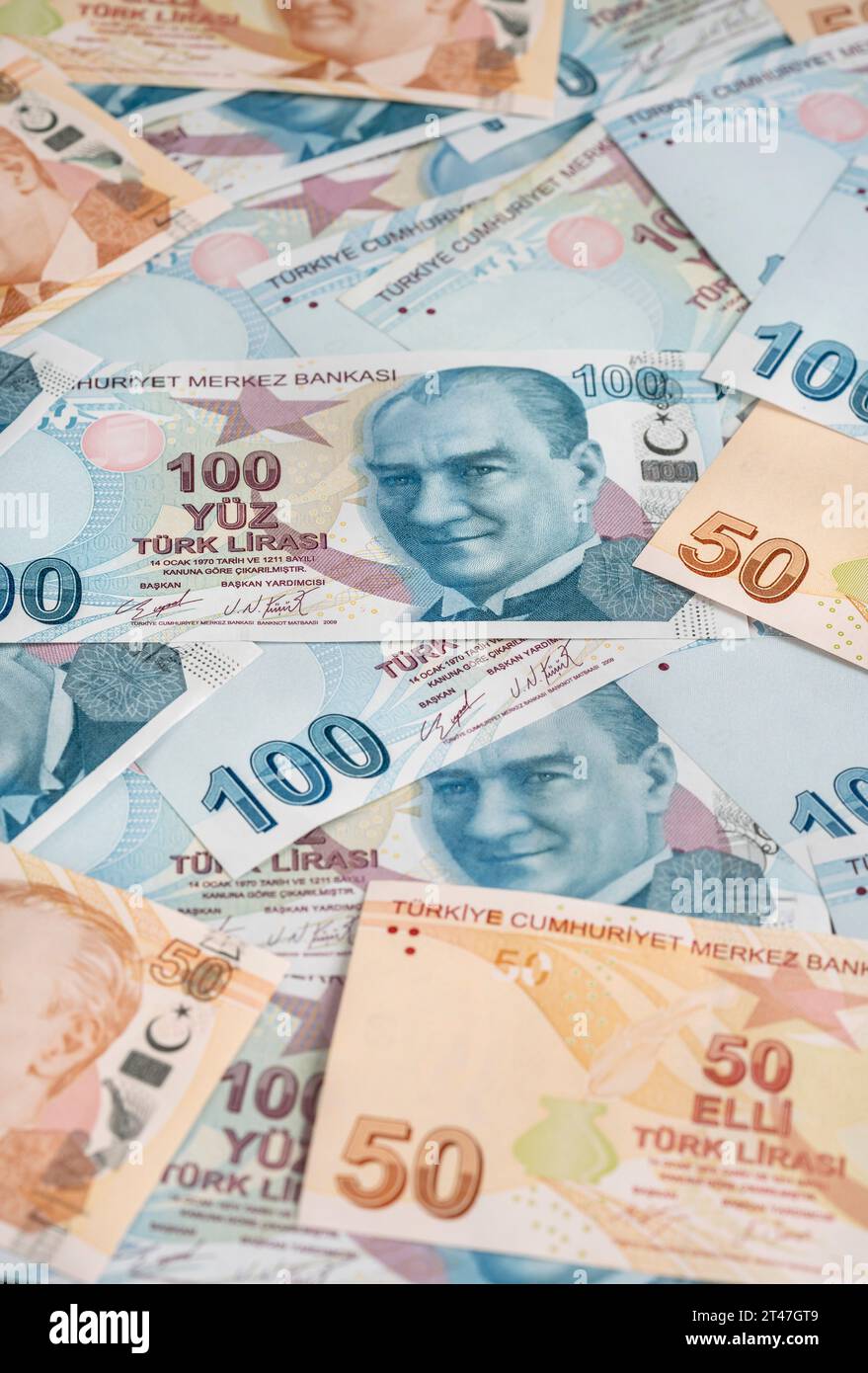 turkish lira, top view fifty and hundred turkish lira banknotes as a ...