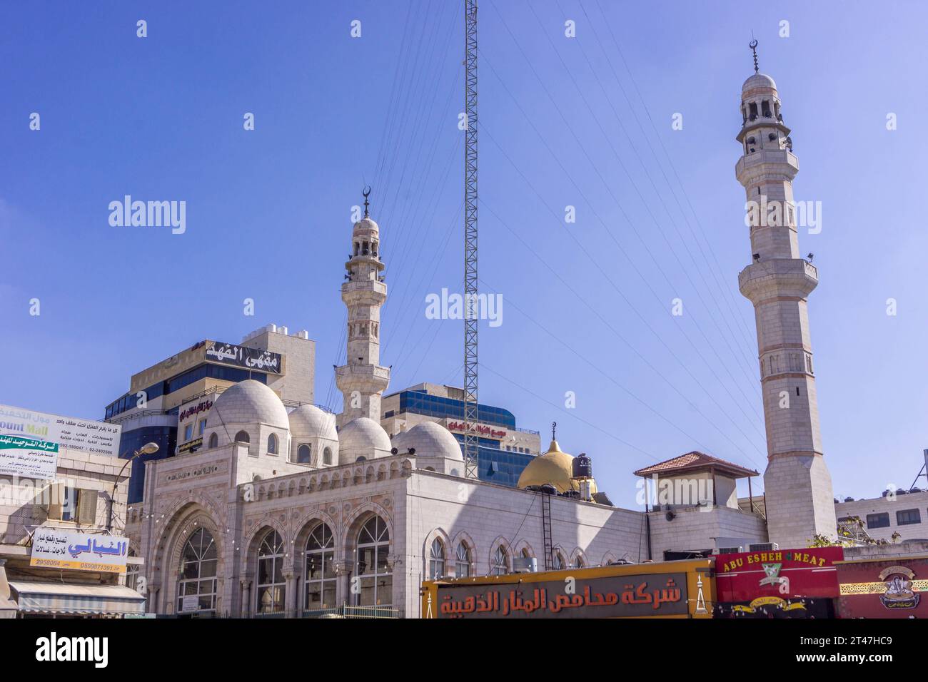 The beautiful white mosque with minarets at Ramallah, the capital of ...