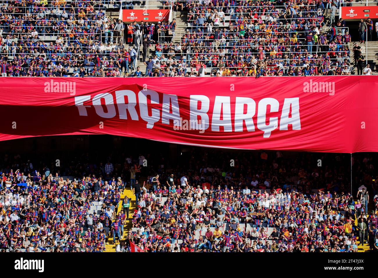 Barcelona, Spain. 28th Oct, 2023. Forca Barca banner in the crowd ...