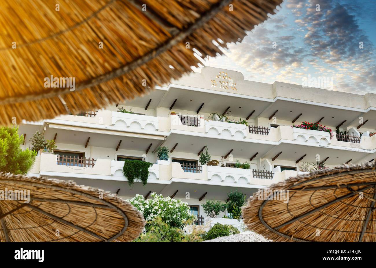 Apartment building on the seashore against a background of bamboo ...