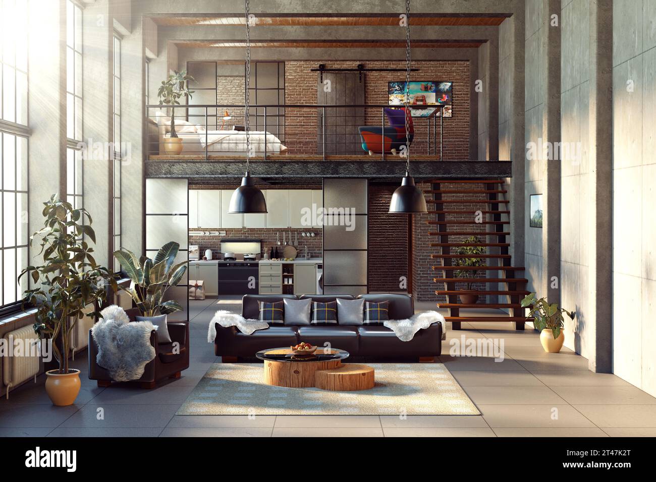 Industrial loft apartments with living room, kitchen and bedroom, 3D rendering Stock Photo - Alamy