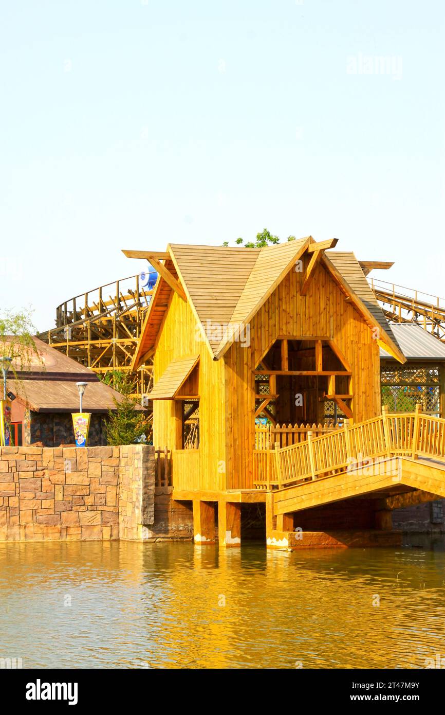 antique wooden buildings in a park, closeup of photo Stock Photo - Alamy