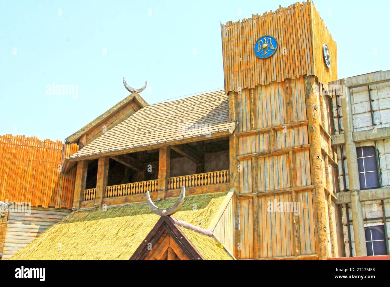 antique wooden buildings in a park, closeup of photo Stock Photo - Alamy