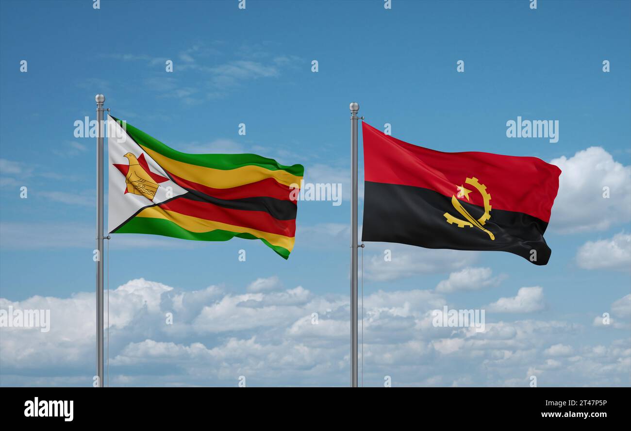 Zimbabwe and Angola flags waving together in the wind on blue cloudy ...