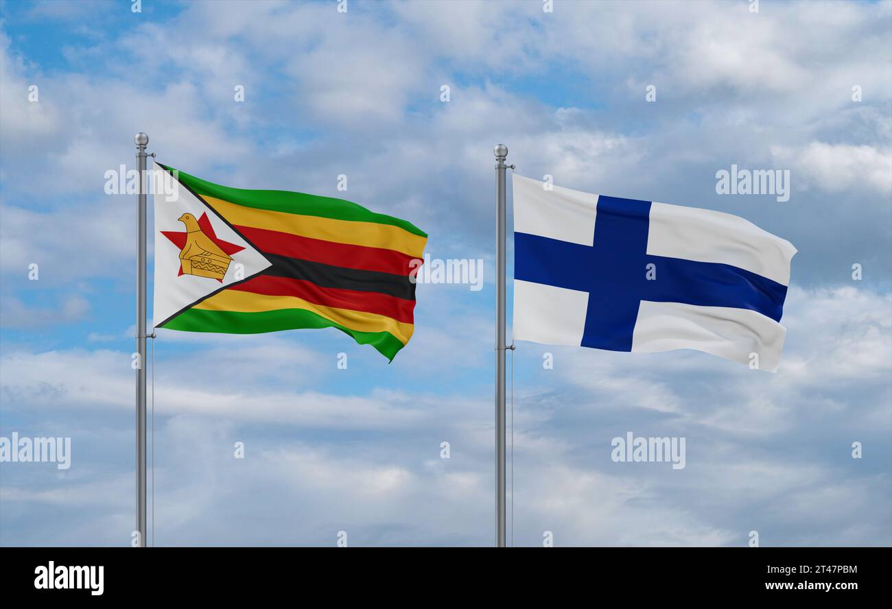 Finland and Zimbabwe flags waving together on blue cloudy sky, two ...