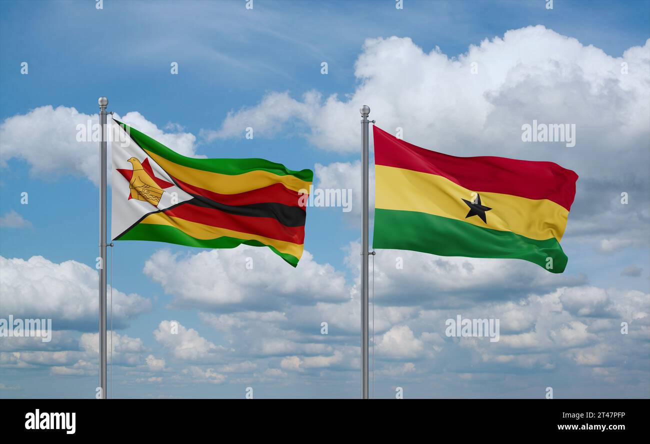 Ghana and Zimbabwe flags waving together on blue cloudy sky, two ...
