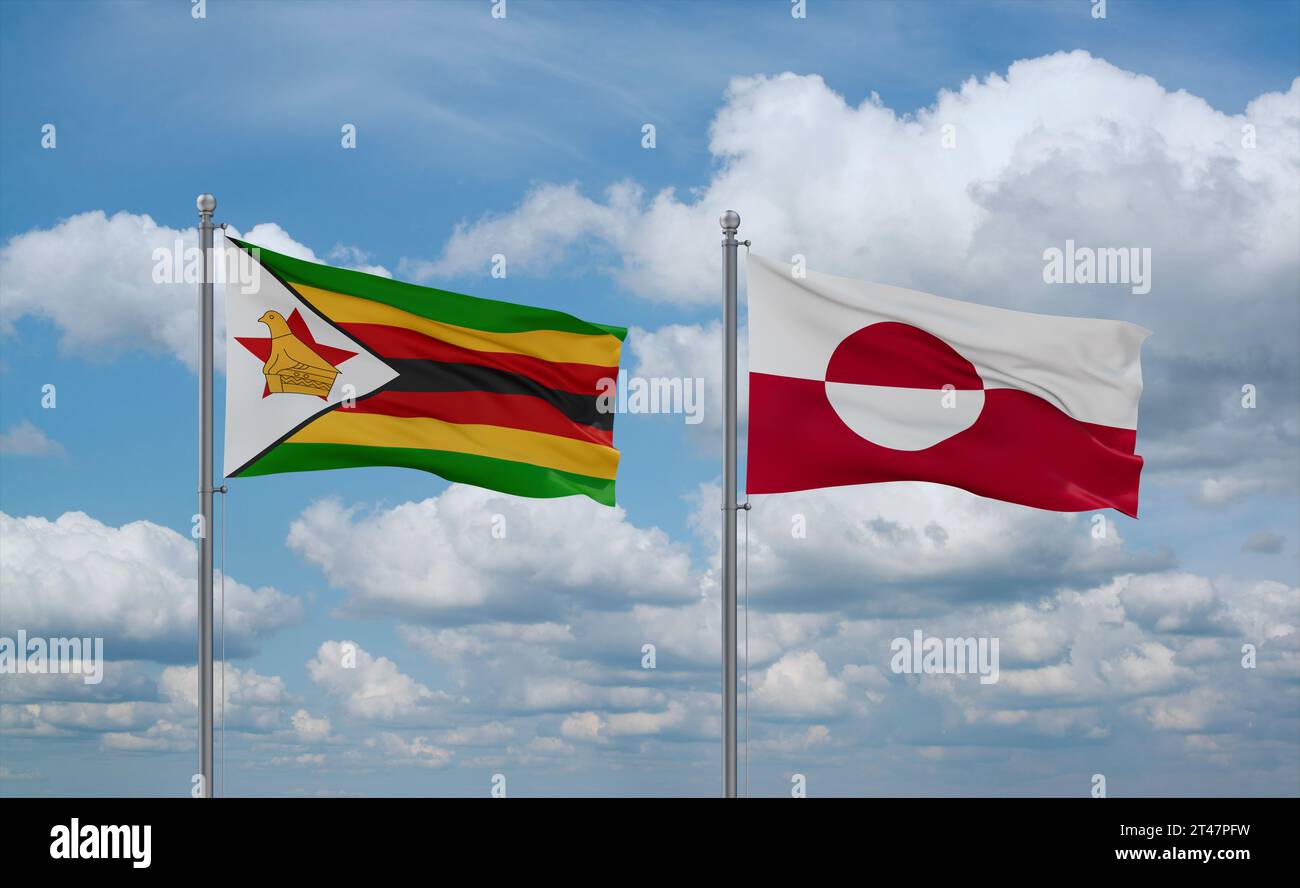 Greenland and Zimbabwe flags waving together on blue cloudy sky, two ...