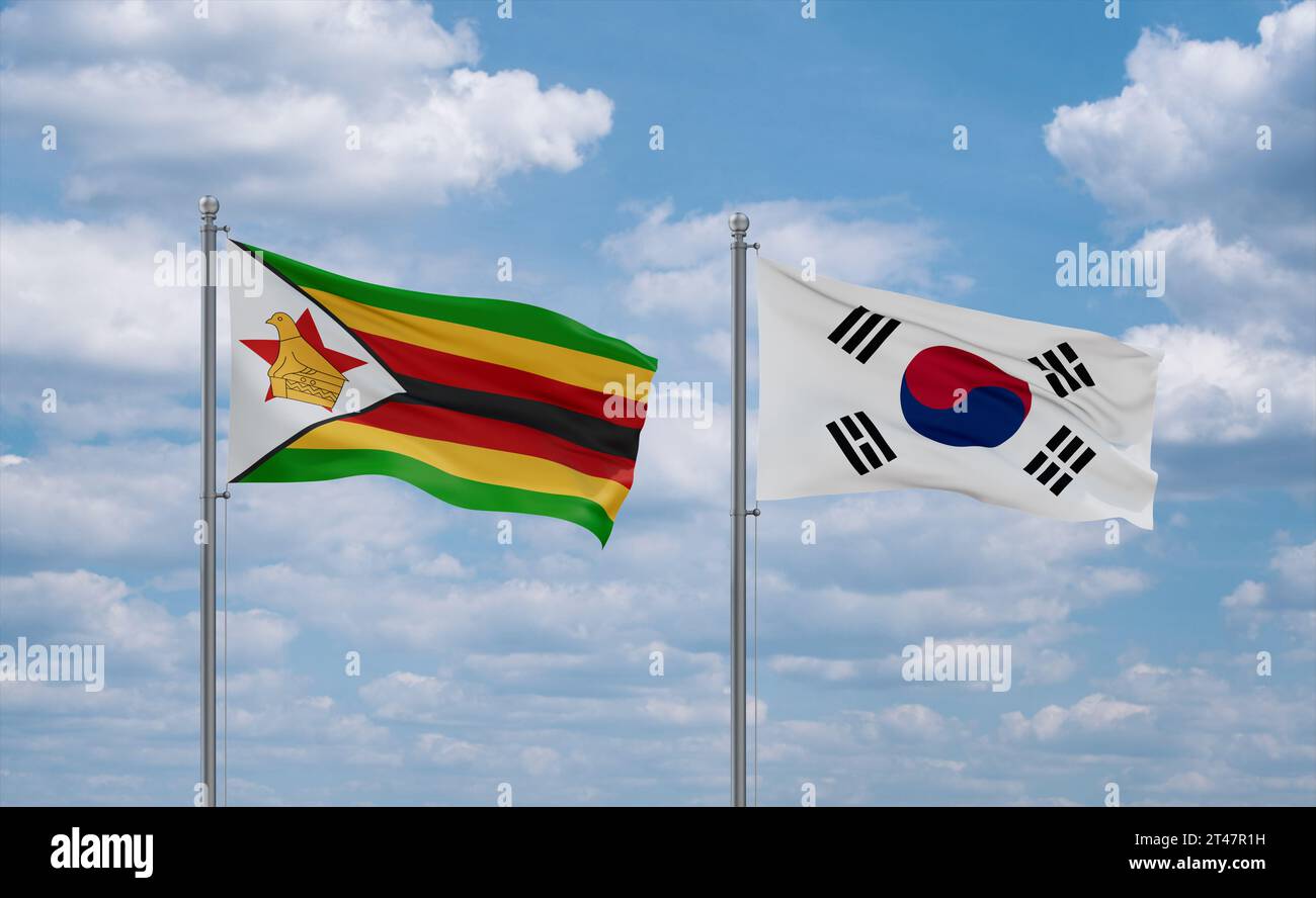 South Korea or Republic of Korea or ROK and Zimbabwe flags waving ...