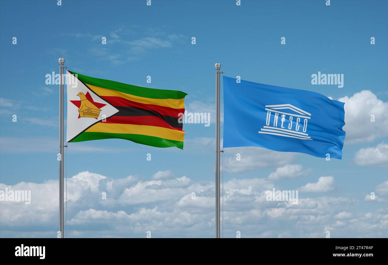 UNESCO and Zimbabwe flags waving together in the wind on blue cloudy ...