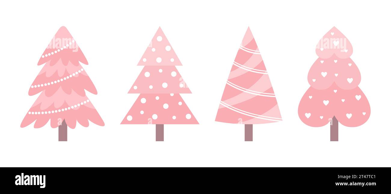 Set of pink Christmas trees isolated on white background. Flat vector ...