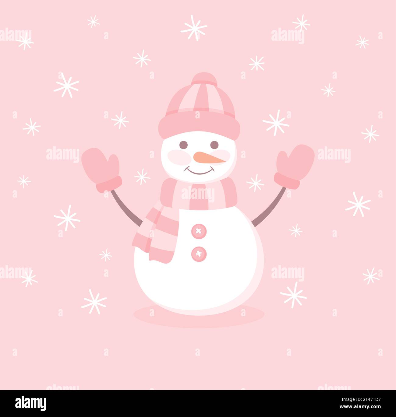 A cute smiling snowman in a hat, scarf and mittens on a pink snowy ...