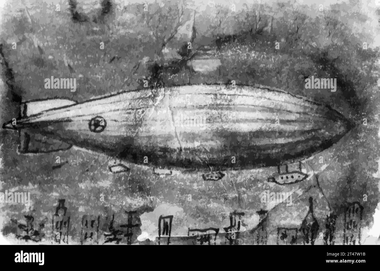 Vintage airship Zeppelin. Dirigible balloon. Vector hand drawn sketch ...