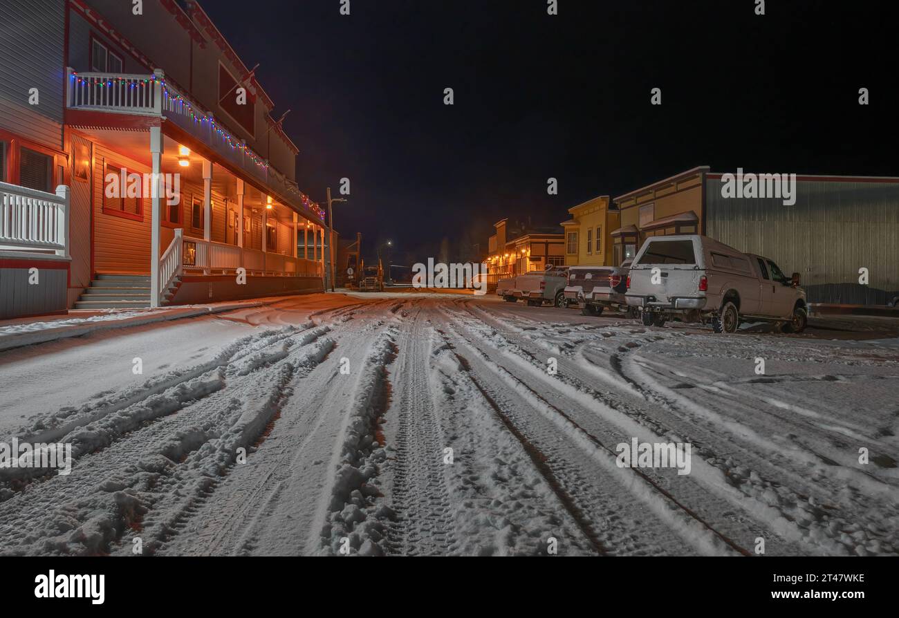 Snowy street on a winter night in Dawson City, Yukon, Canada Stock ...