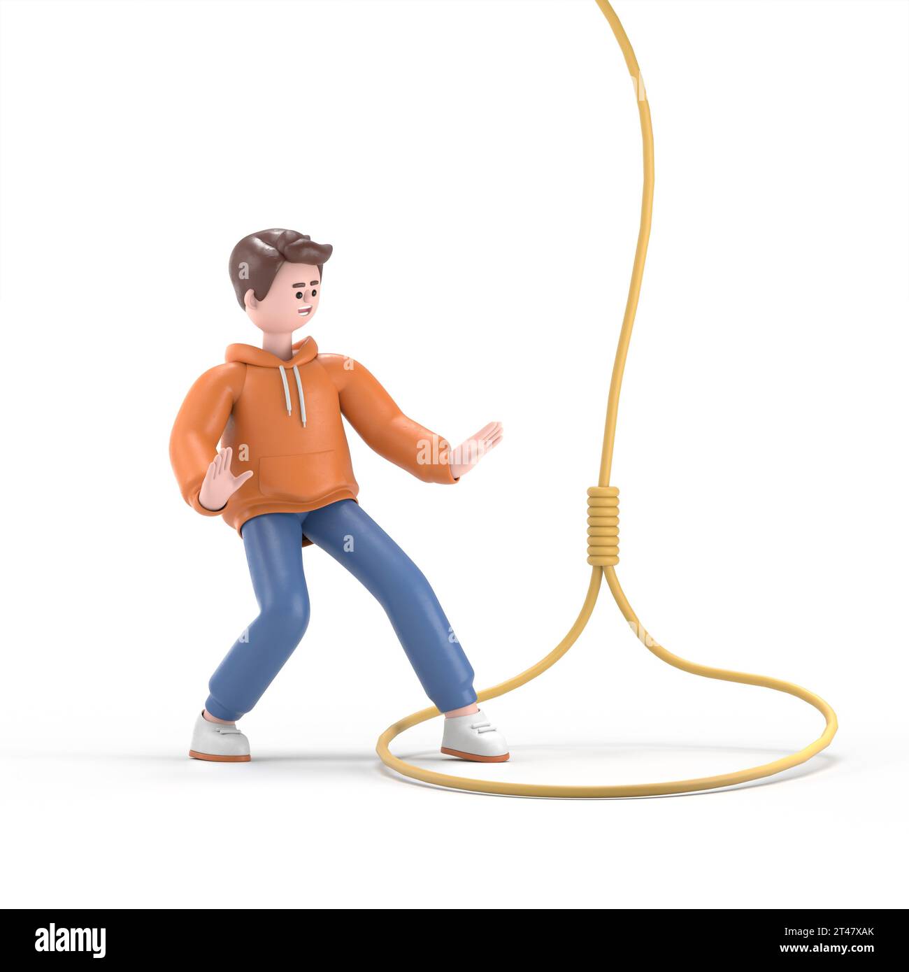3D illustration of male guy Qadir was caught in a rope loop. Man in ...