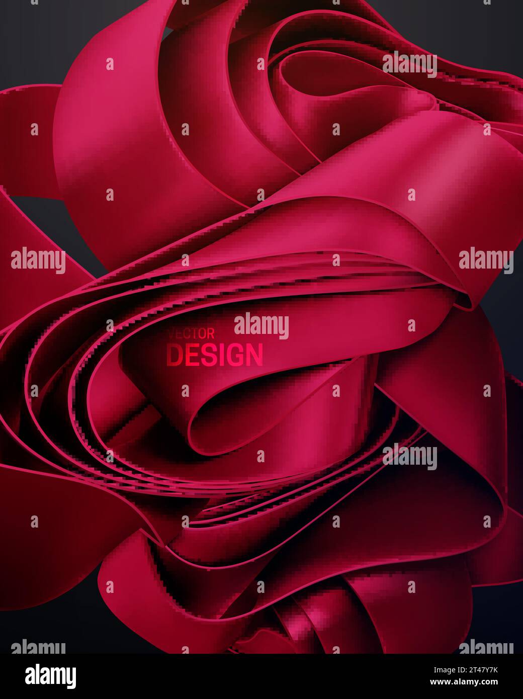 Abstract background with red curvy fabric ruffles. Vector 3d ...