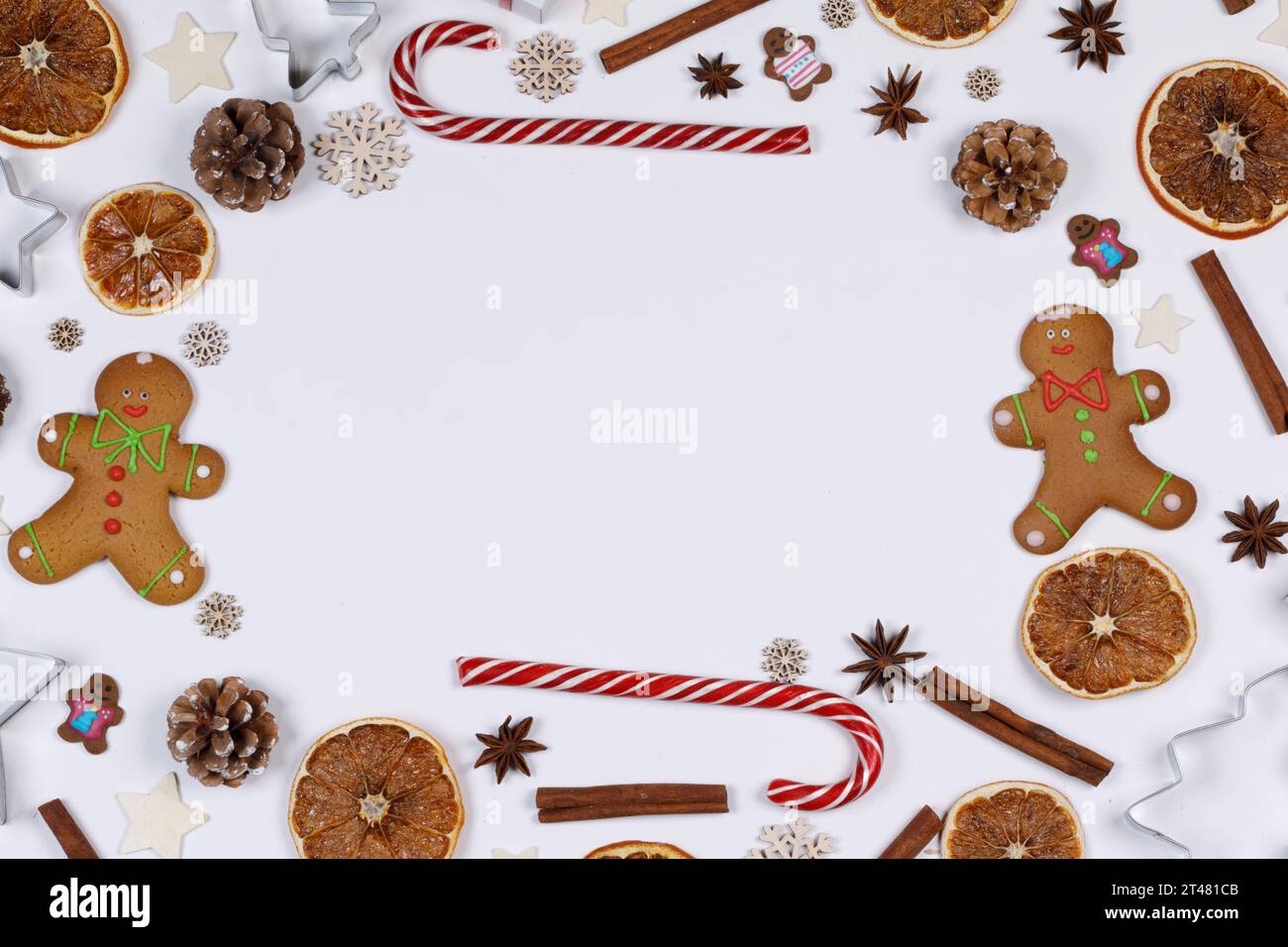 Christmas food frame. Gingerbread cookies, spices and decorations on ...