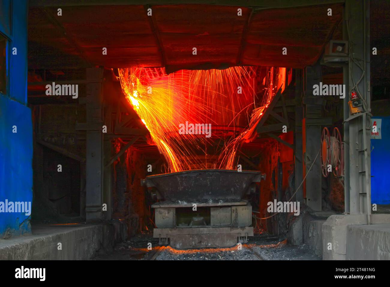 steelmaking converter dumping steel slag in a factory, closeup of photo ...
