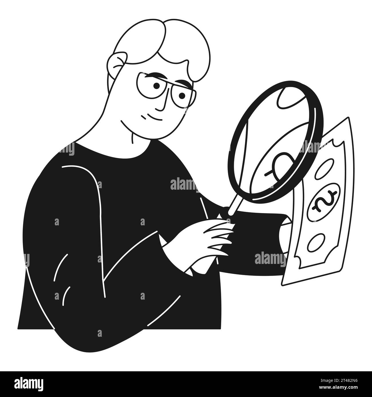 Financial character guy looks at a banknote through a magnifying glass ...