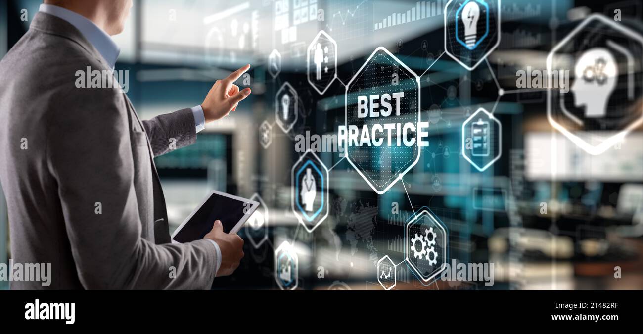 Best Practice concept with hand pressing icons. Businessman touching ...