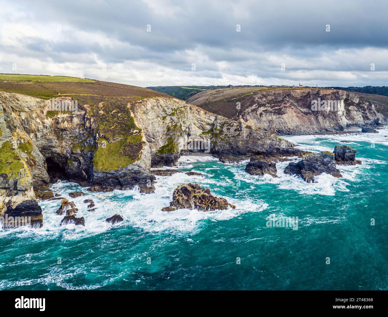 Cliffs over St Agnes from a drone, Cornwall, England, Europe Stock ...