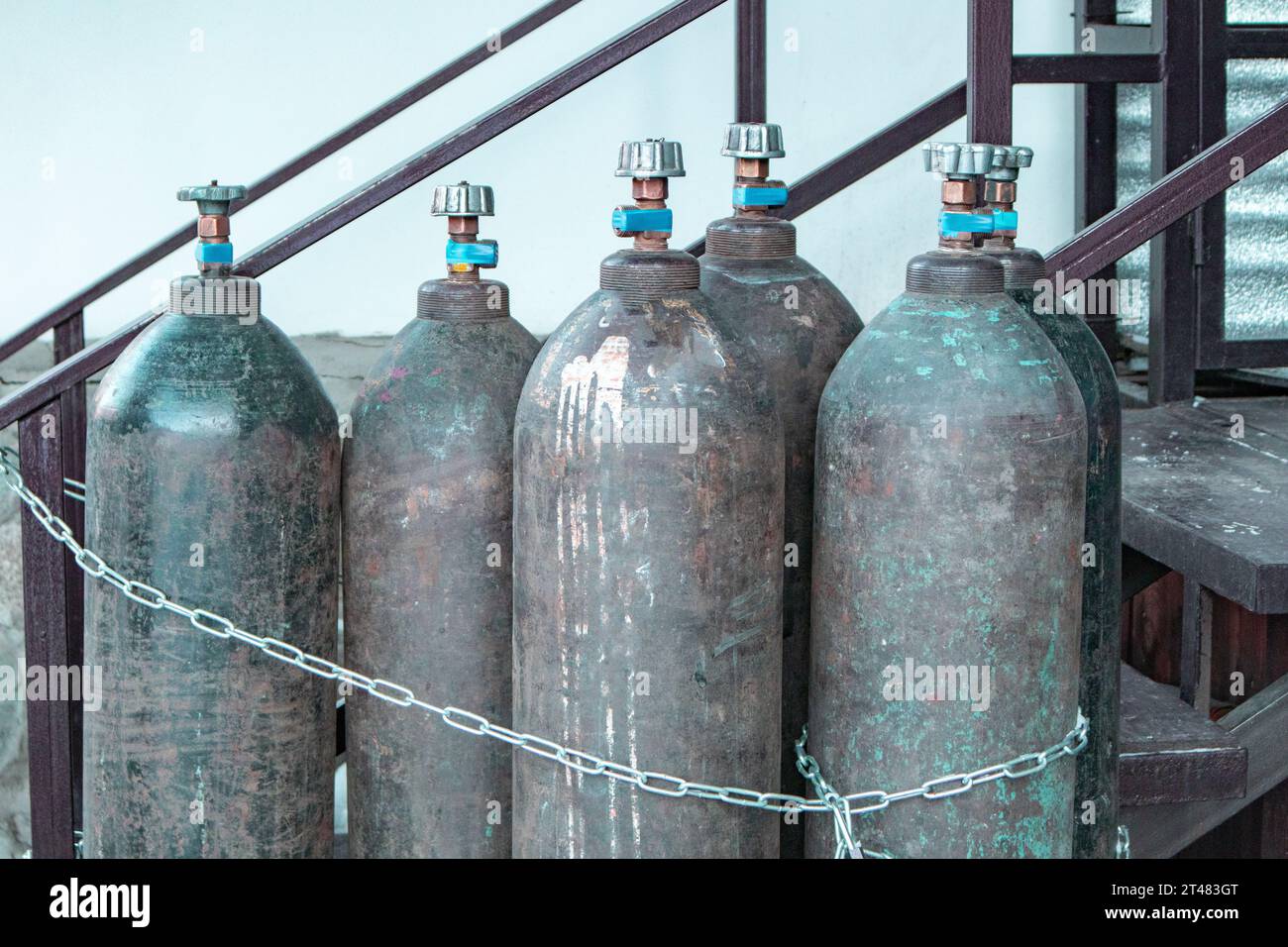 Close-up of steel cylinders with compressed gas - argon, carbon dioxide ...