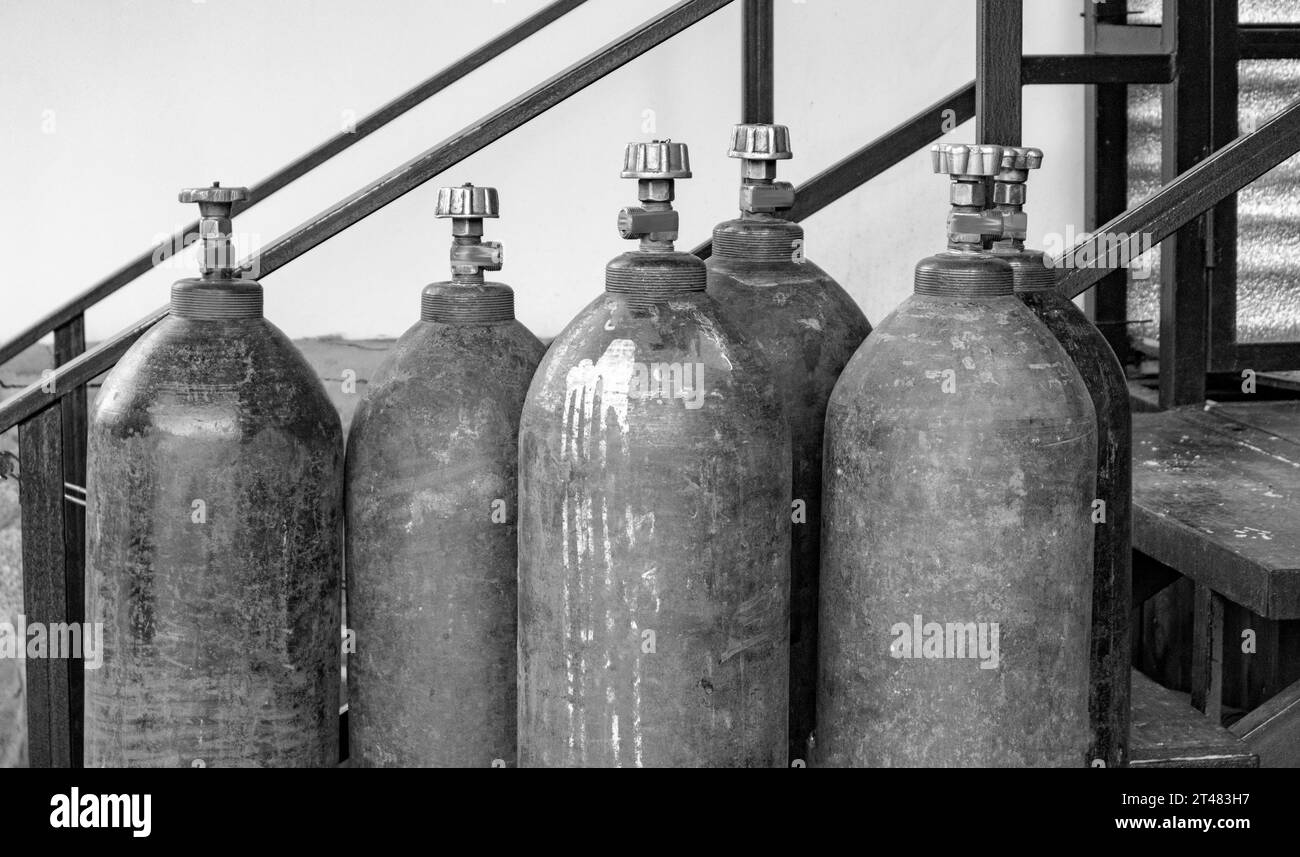 Close-up of steel cylinders with compressed gas - argon, carbon dioxide ...