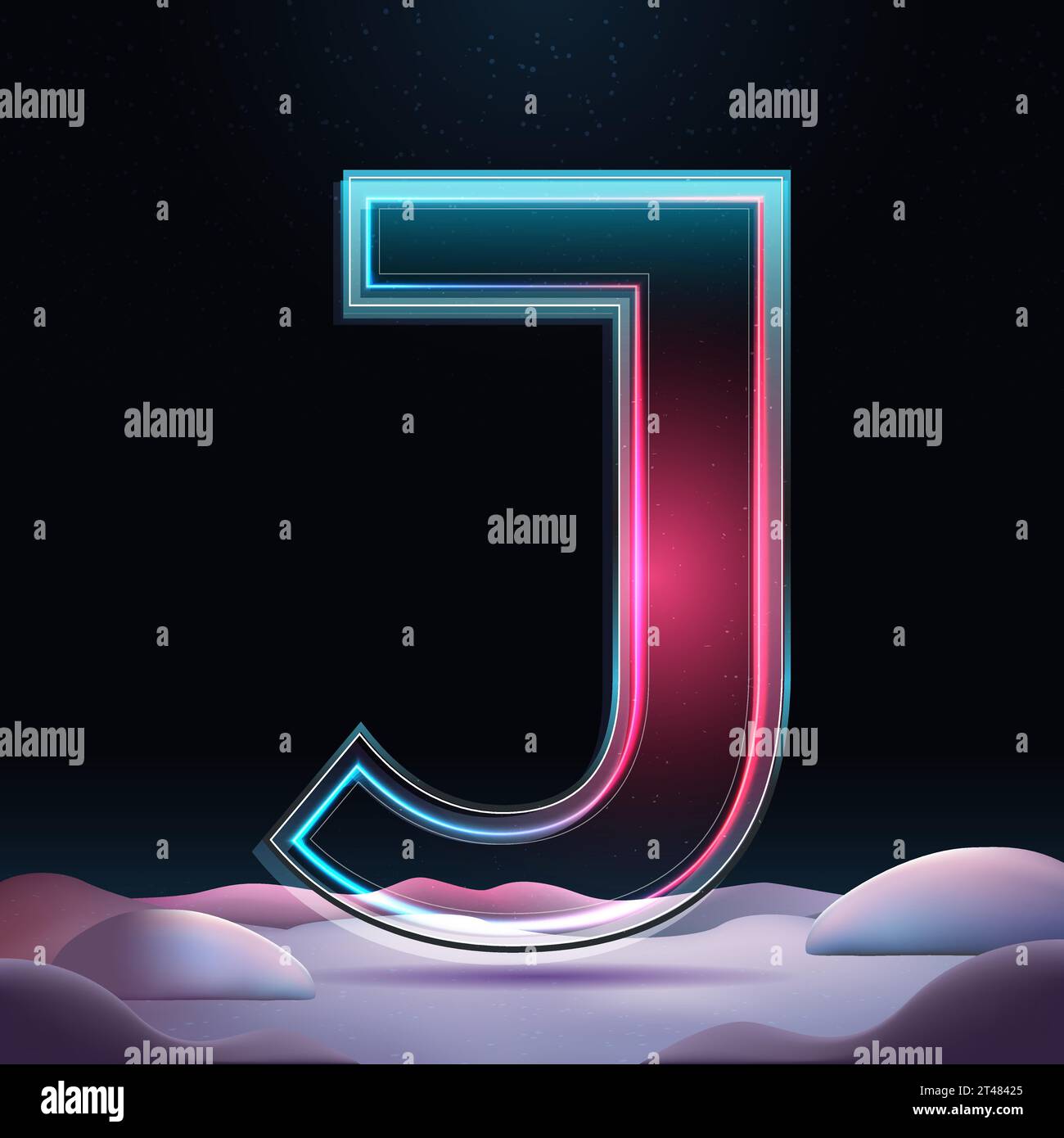 3D glass letter J with neon light insight. Big relistic letter with ...