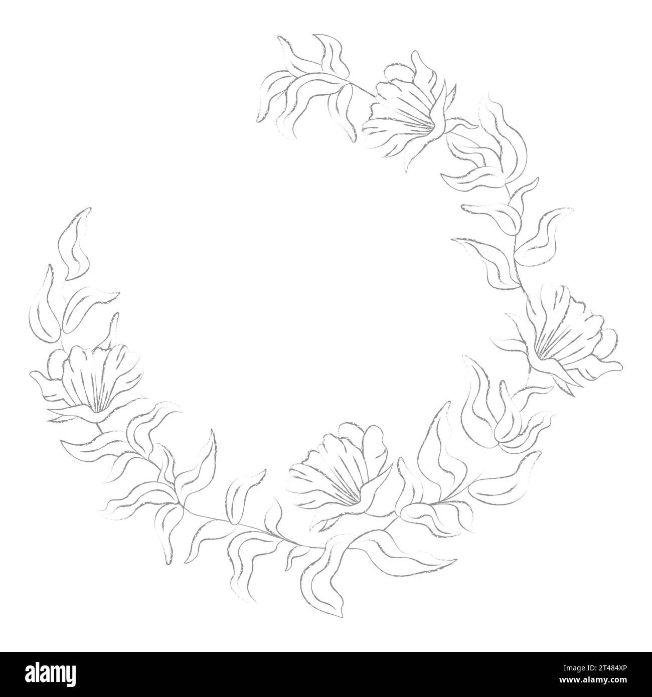 banner open circle with leaves and flowers wreath hand drawn line ...