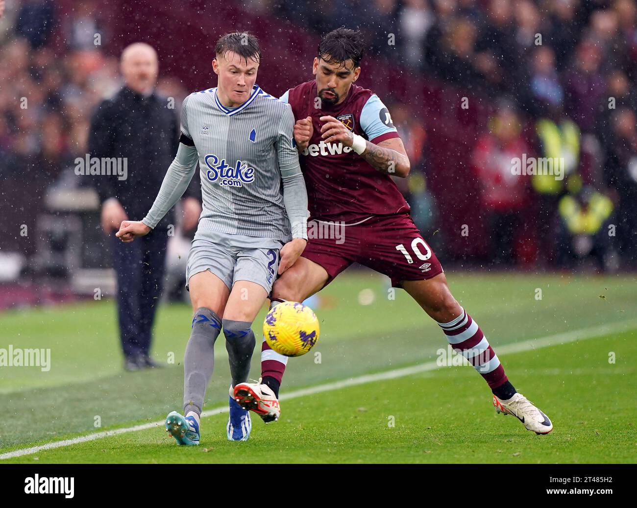 Everton's Nathan Patterson and West Ham United's Lucas Paqueta battle ...