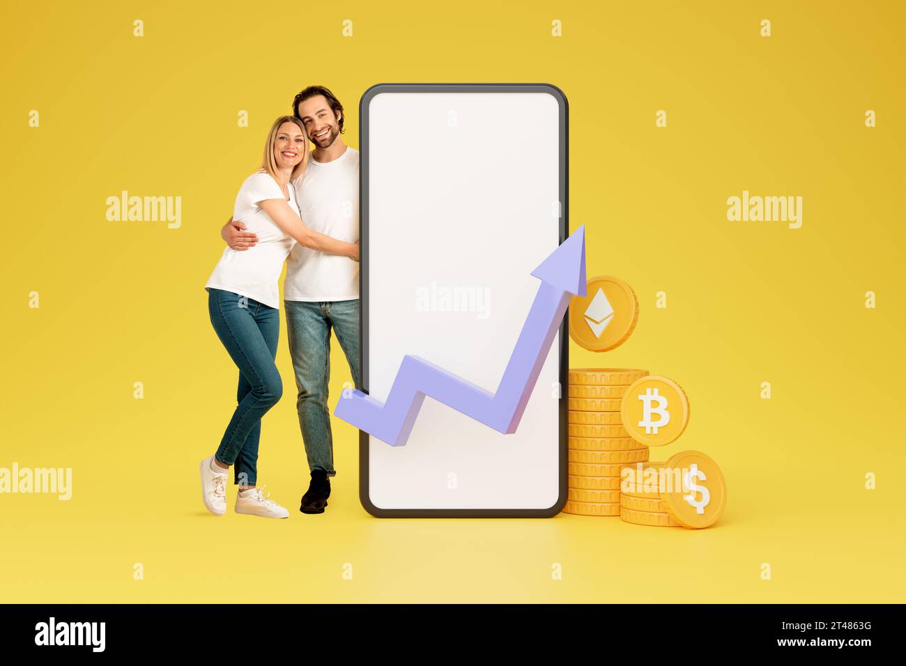 Smiling adult european couple hugs near large phone with empty screen ...