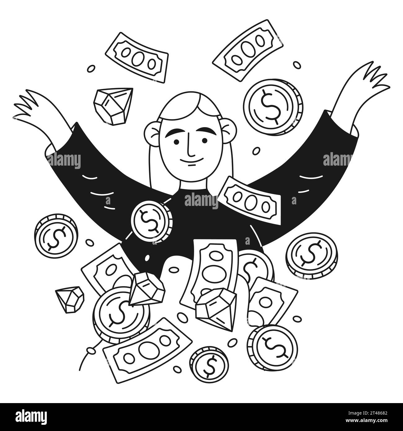 Financial character girl in a mountain of money and diamonds hands up ...