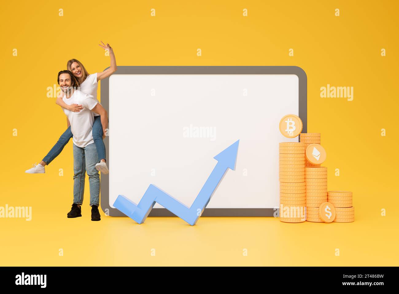 Glad adult european couple show biceps, have fun, near large tablet ...