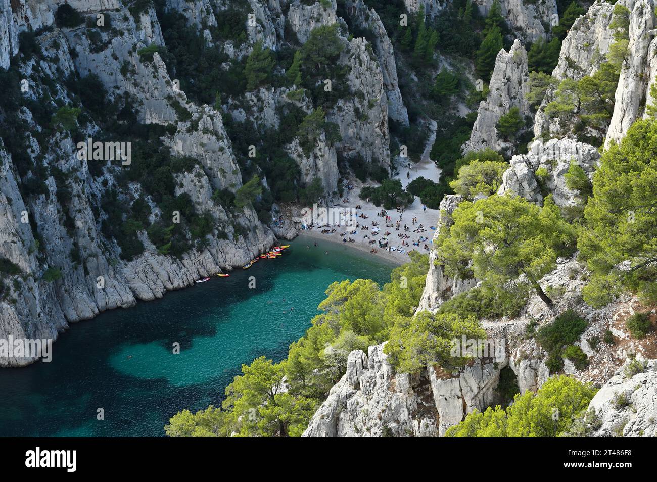 Beach and limestone cliffs in the Calanque d'En-vau. Calanques National ...