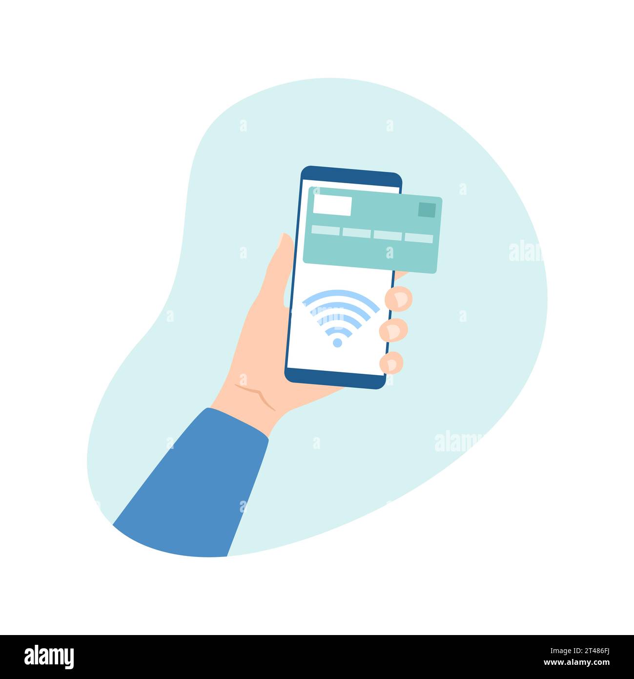 Hand holding smartphone with wifi icon and credit card on screen. Flat vector illustration Stock ...
