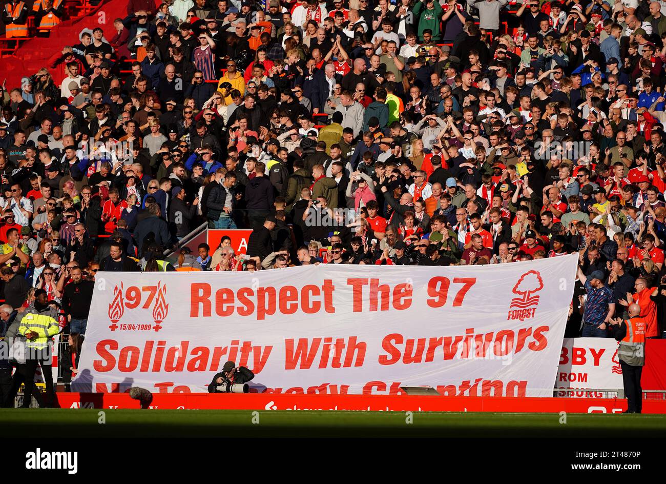 Nottingham Forest fans hold a banner in memory of the 97 people that ...