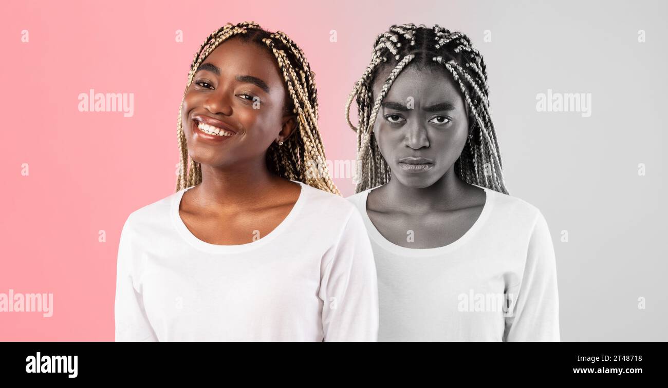 Smiling, angry, sad, tired millennial black woman feeling bad Stock ...