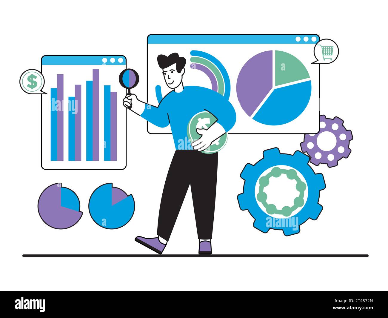 illustration in iconic style with a manager who research new business ...