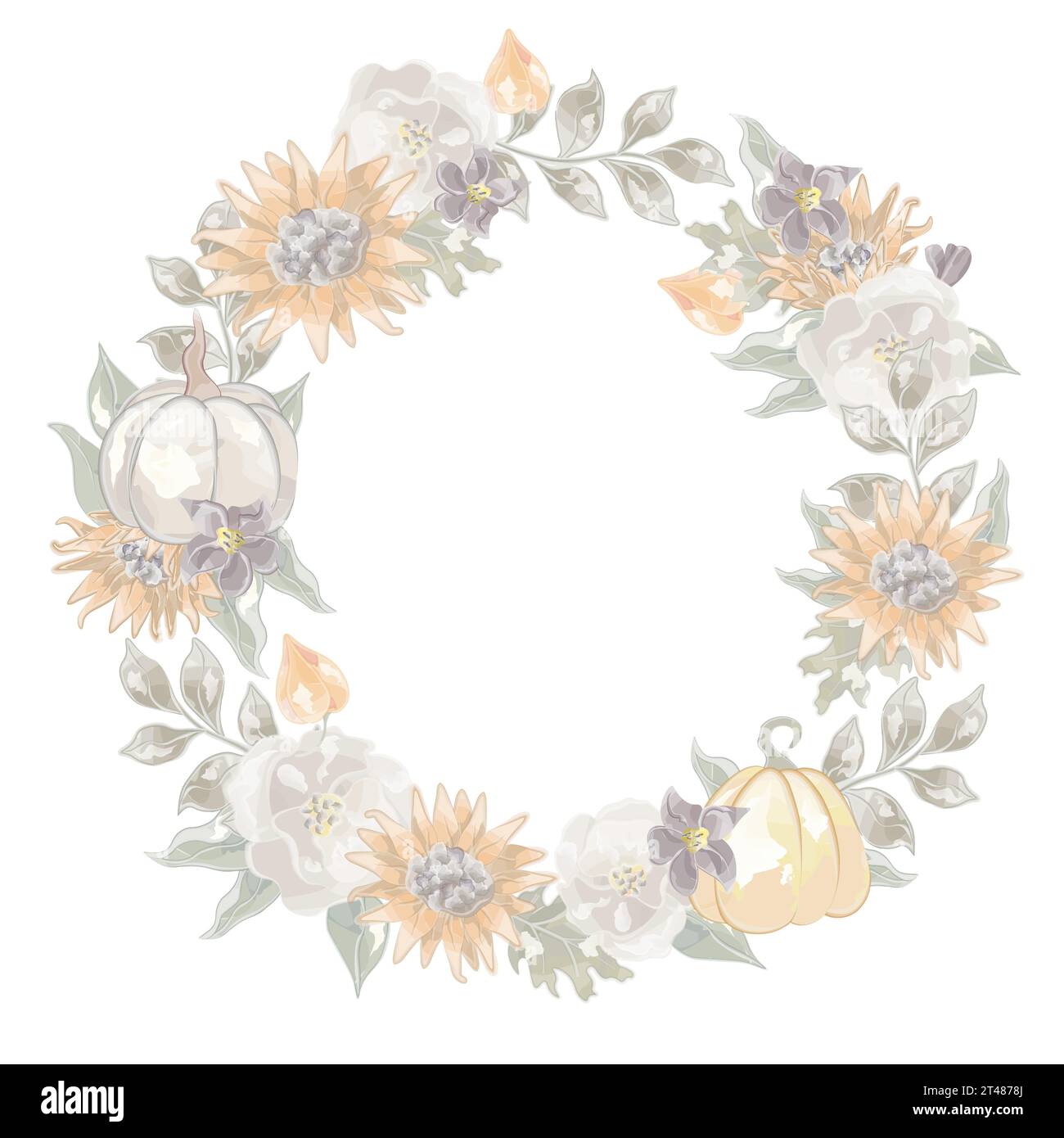 autumn wreath round banner vector watercolor autumn plants pumpkin ...