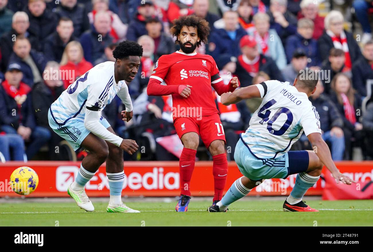 Liverpool's Mohamed Salah in action with Nottingham Forest's Ola Aina ...