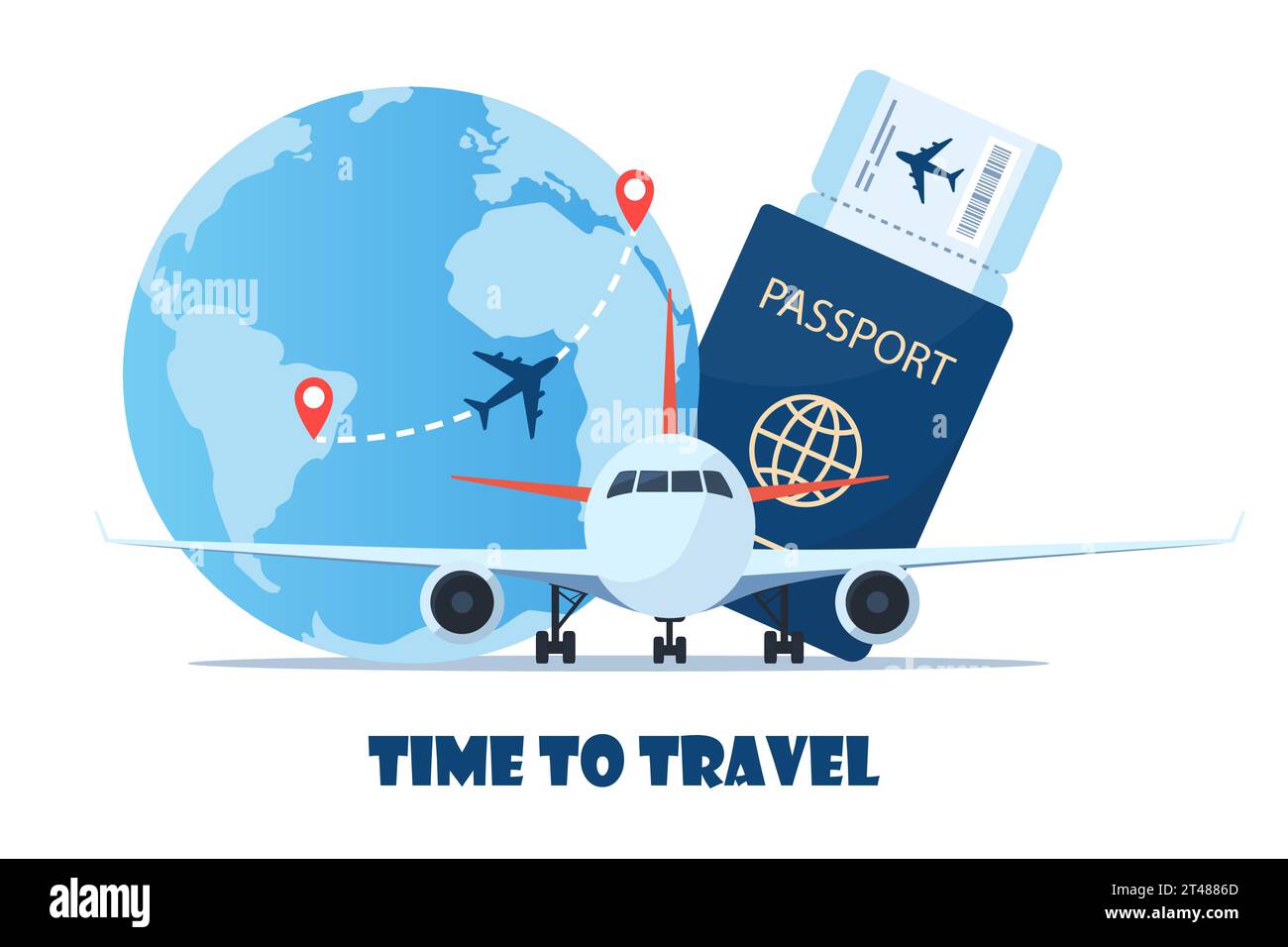 Aircraft, passport with air ticket, planet earth. Time to travel ...