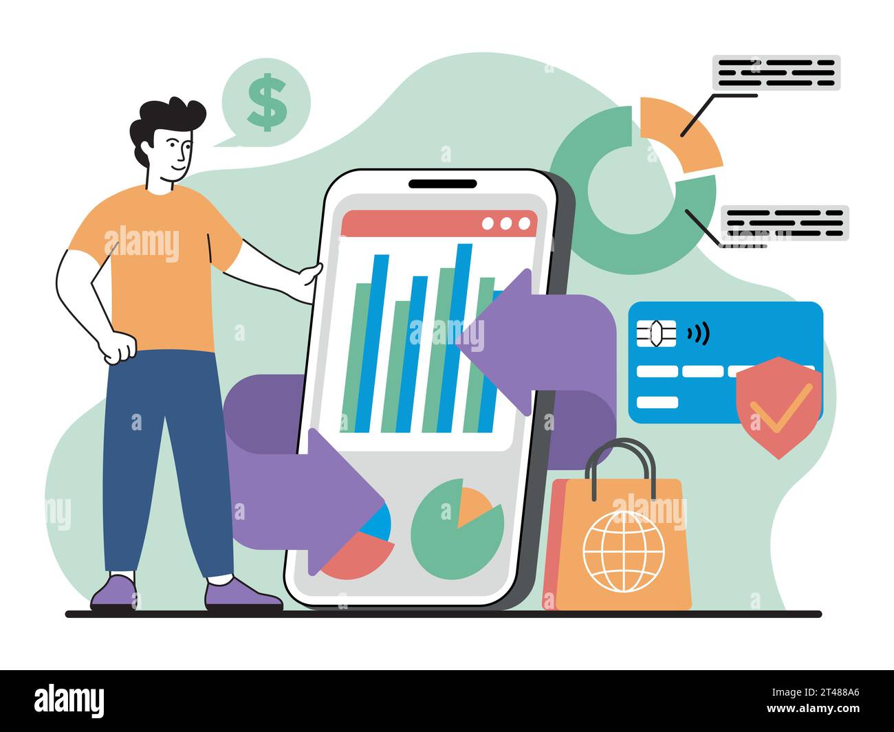 vector image of man shows the principle of earnings in digital business ...