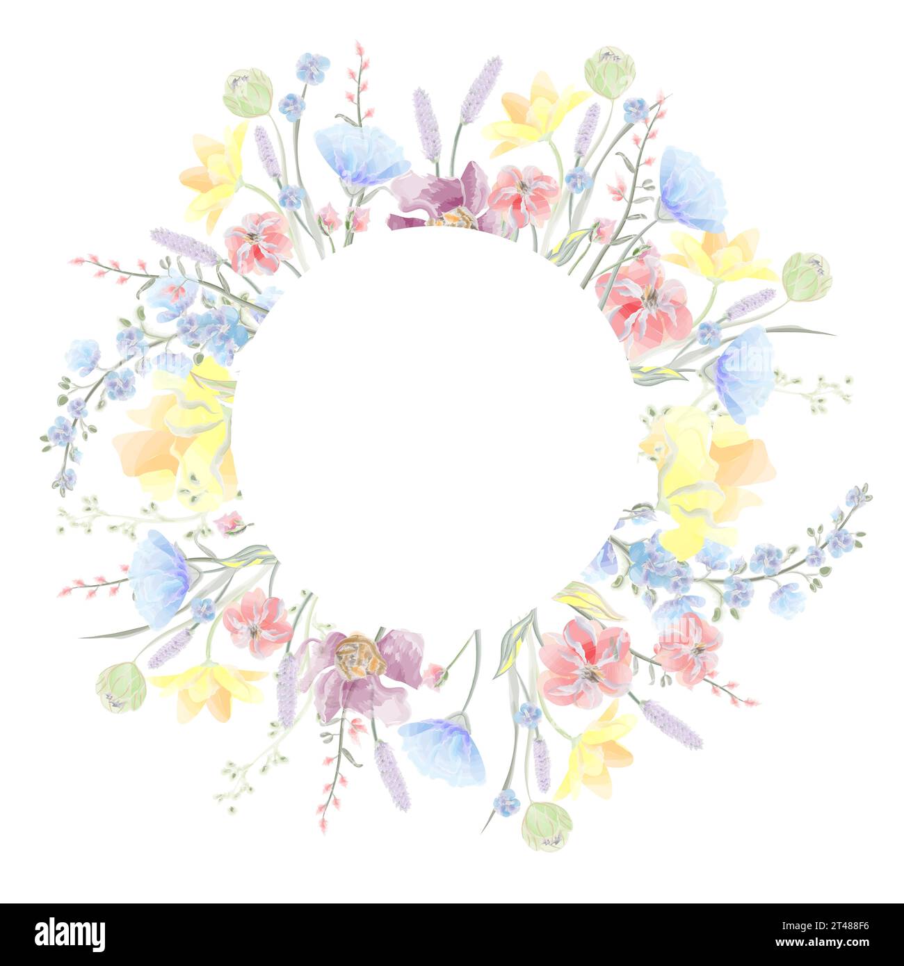 round banner with wildflowers in a circle watercolor transparent ...