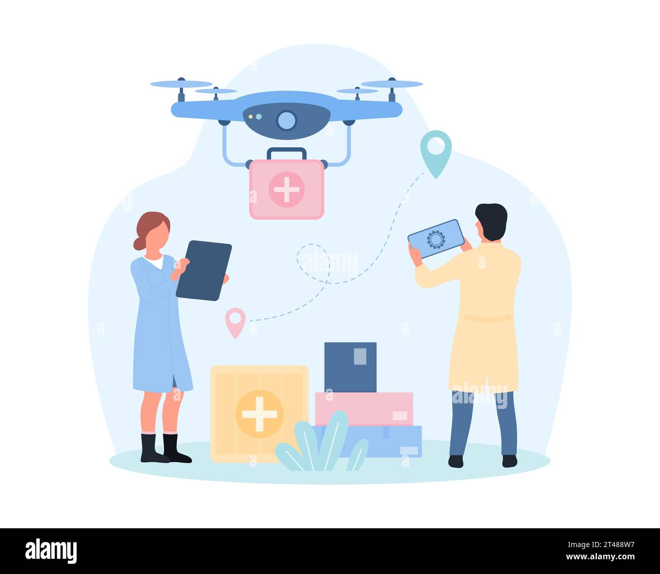 Delivery of medicines and humanitarian aid by drone vector illustration ...